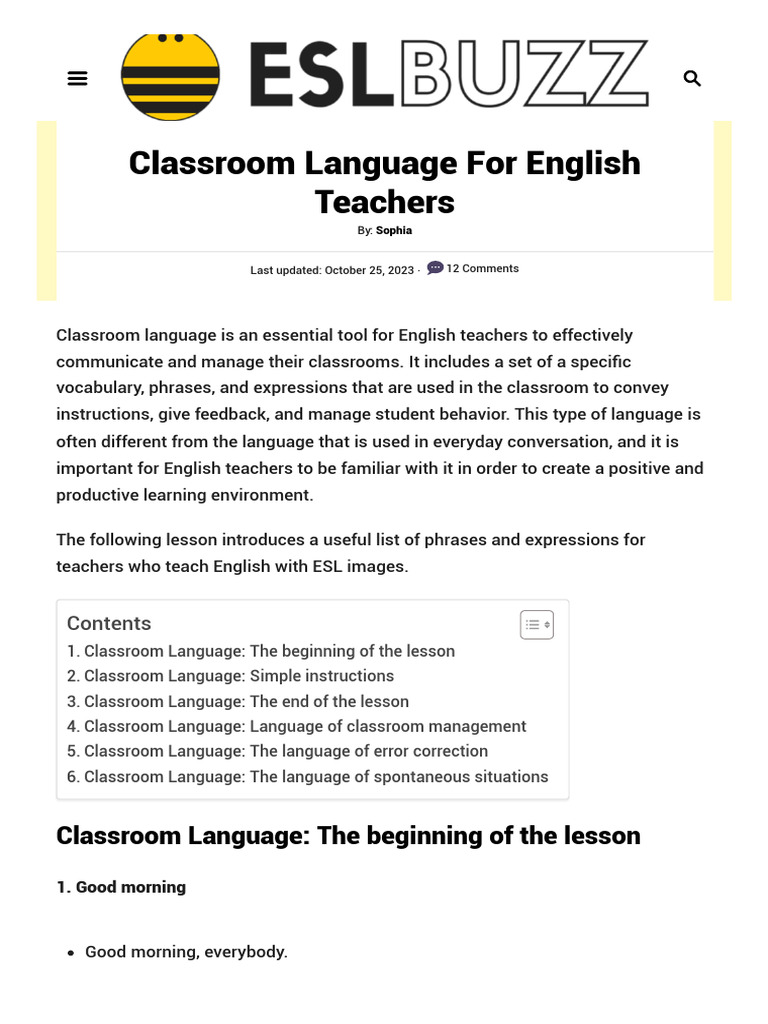 Classroom Language For English Teachers - ESLBUZZ | PDF | Classroom ...