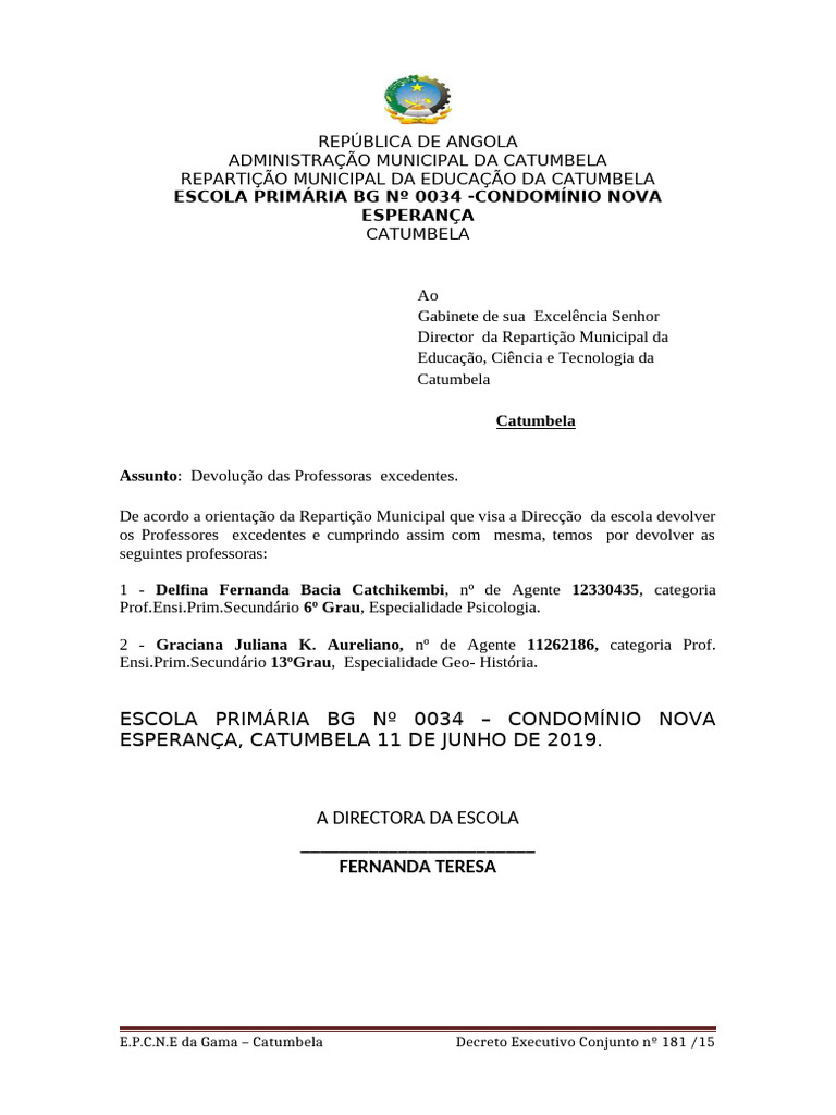 Devolução de Professoras na Catumbela | PDF