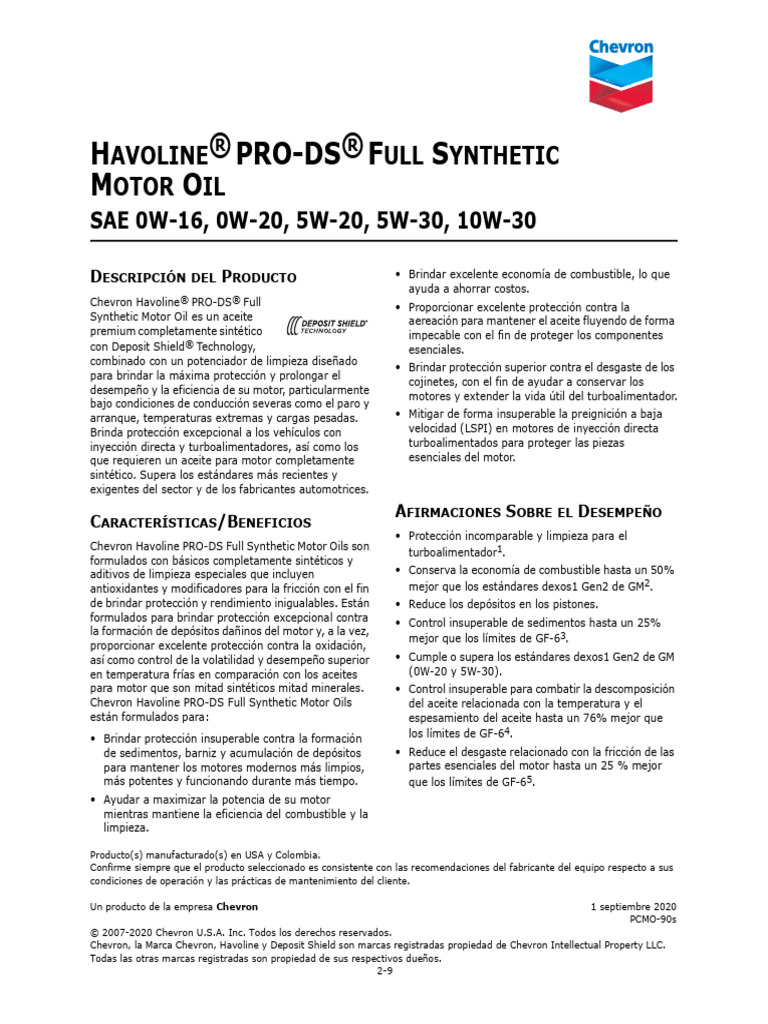 Chevron Havoline Pro DS Full Synthetic Motor Oil 0W 16 0W 20 5W 20 5W ...