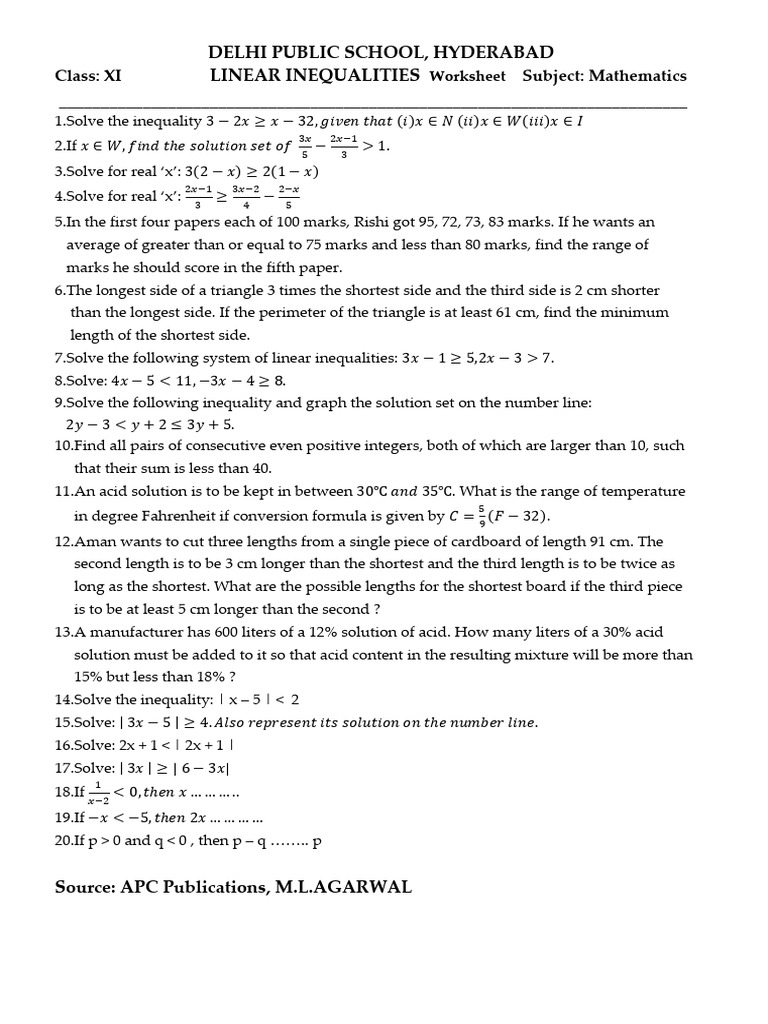 Worksheet Linearinequalities | PDF | Inequality (Mathematics ...