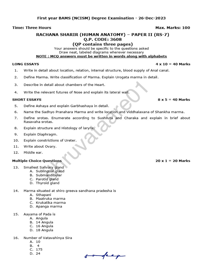 Anatomy Question Papers Bams | PDF | Kidney | Anatomy