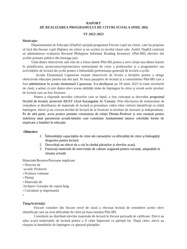 Raport de Realizare Pe Lectura Phil Iri | PDF