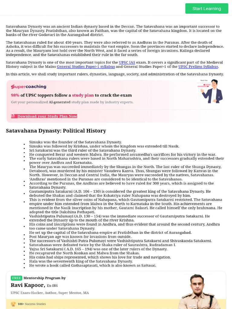 Satavahana Dynasty - History, Major Rulers and Administration. | PDF