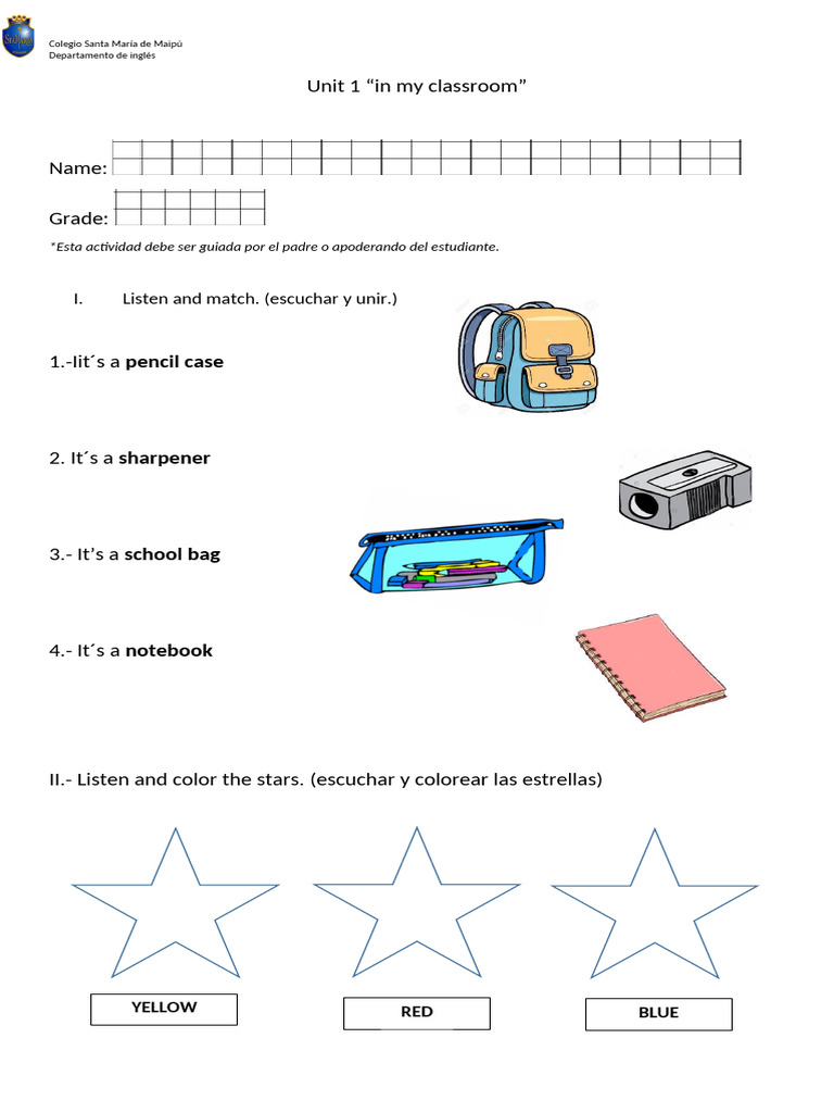 In My Classroom Worksheet 1° Básico | PDF