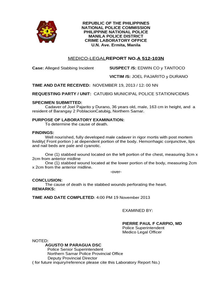 Medico-Legal Report: Stabbing Case Analysis | PDF