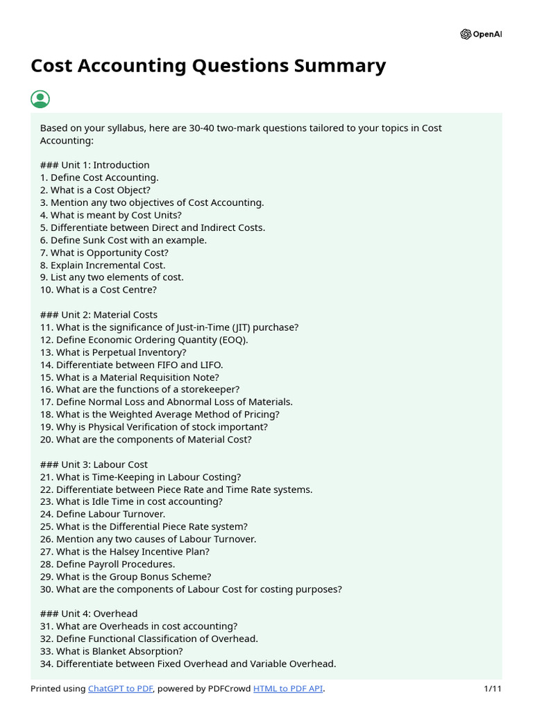 Cost Accounting Questions Summary (2) | PDF | Inventory | Employment