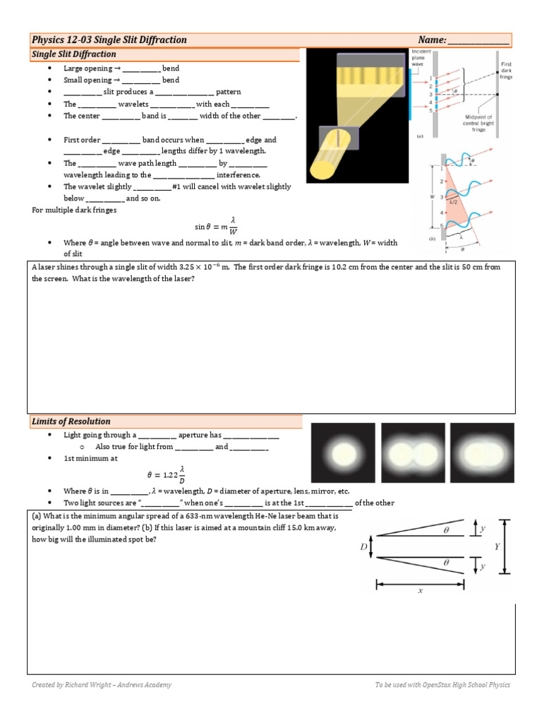 HSPhysics 12-03 Single Slit Diffraction | PDF | Diffraction | Wavelength