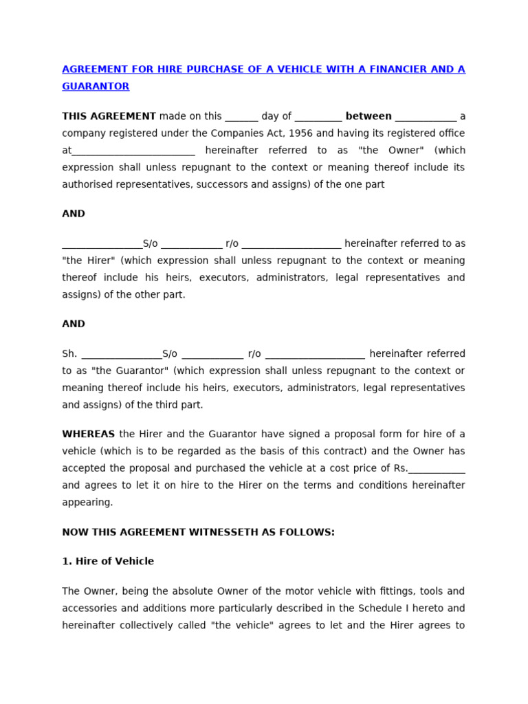 Agreement For Hire Purchase of A Vehicle With A Financier and A Guarantor | PDF | Repossession ...