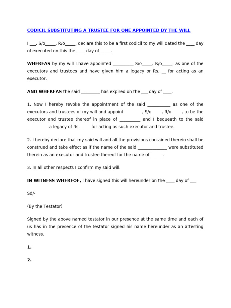 Codicil: Substitute Trustee in Will | PDF
