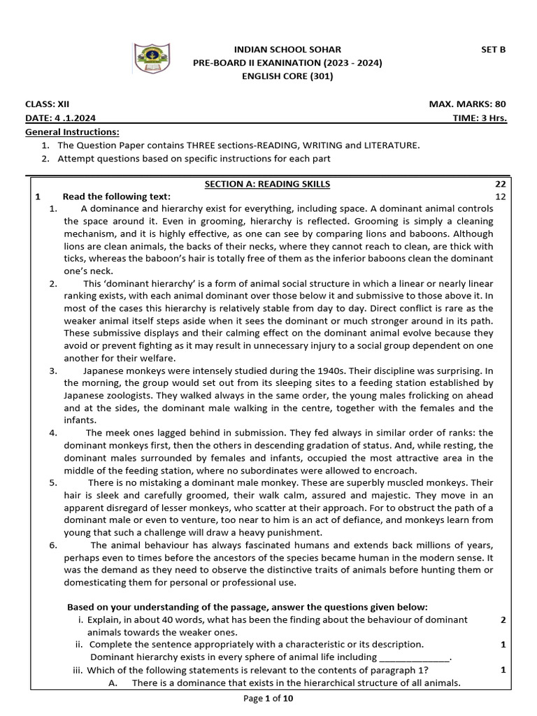 Class Xii Pre Board II English (Set 2) 2023-24 | PDF