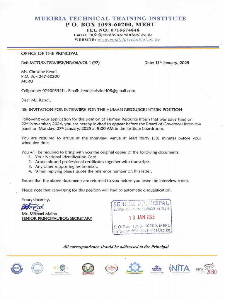 Invitation For Human Resource Interview-Christine Kendi | PDF