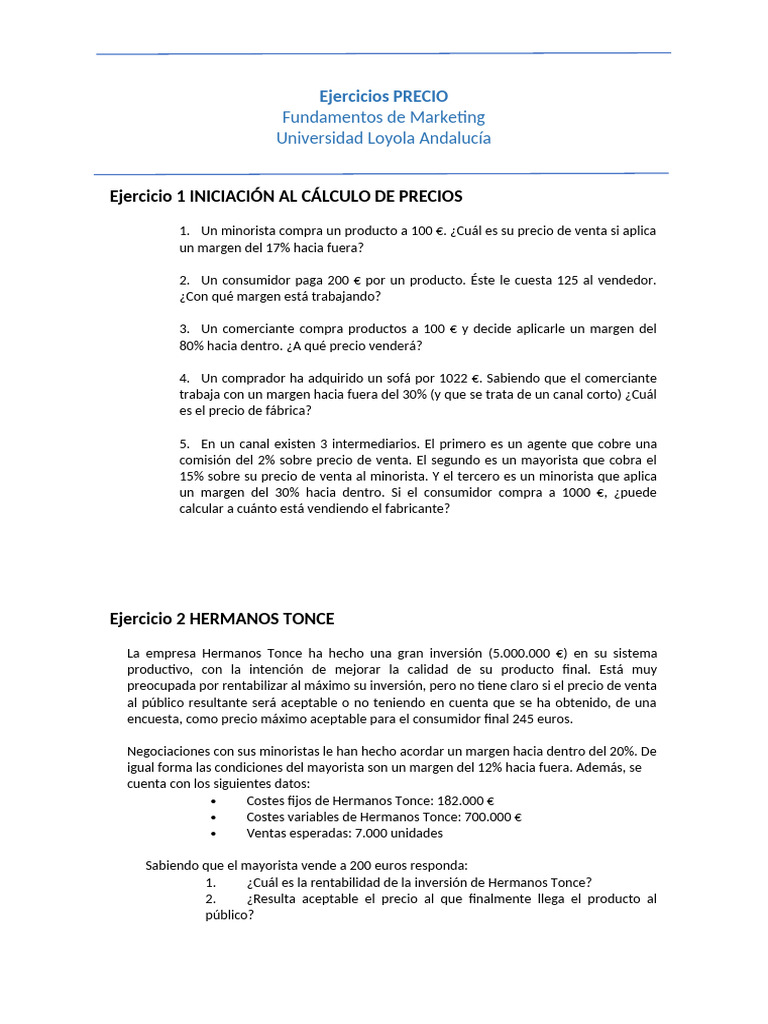 Ejercicios de Cálculo de Precios en Marketing | PDF | Al por menor ...