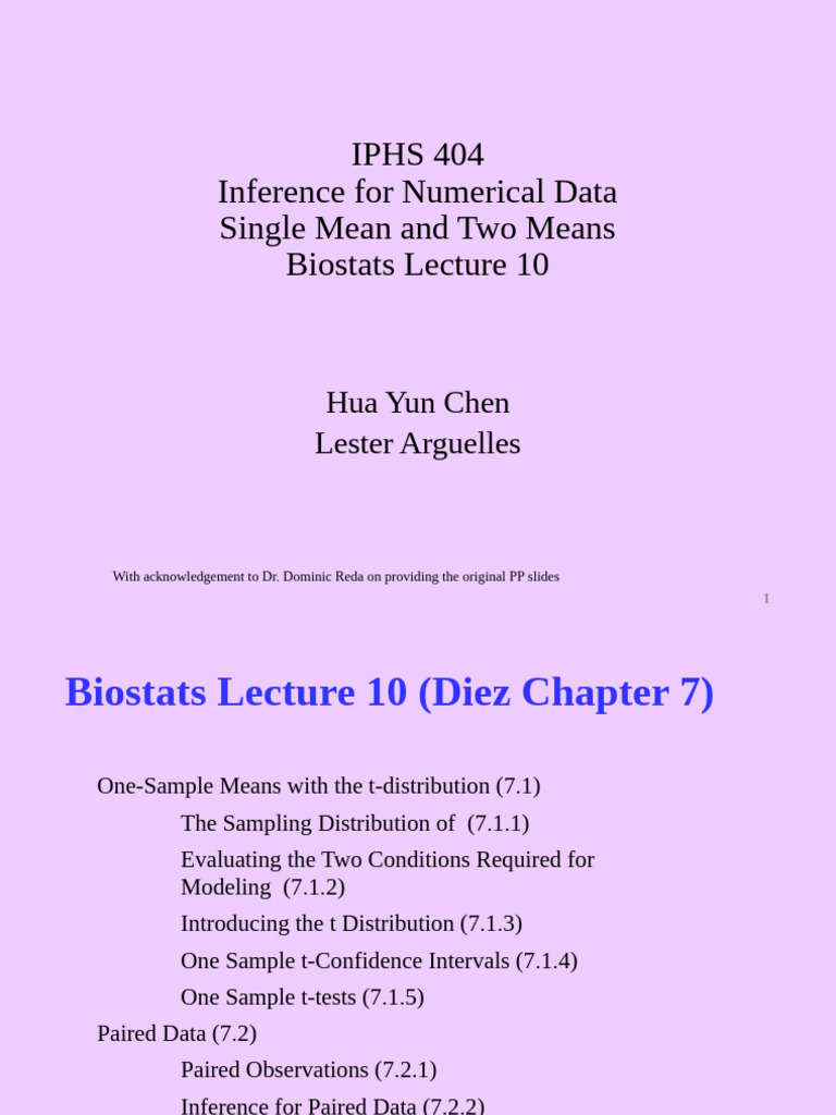 Biostats Lecture 10 Inference For Means | PDF | Variance | Standard Error