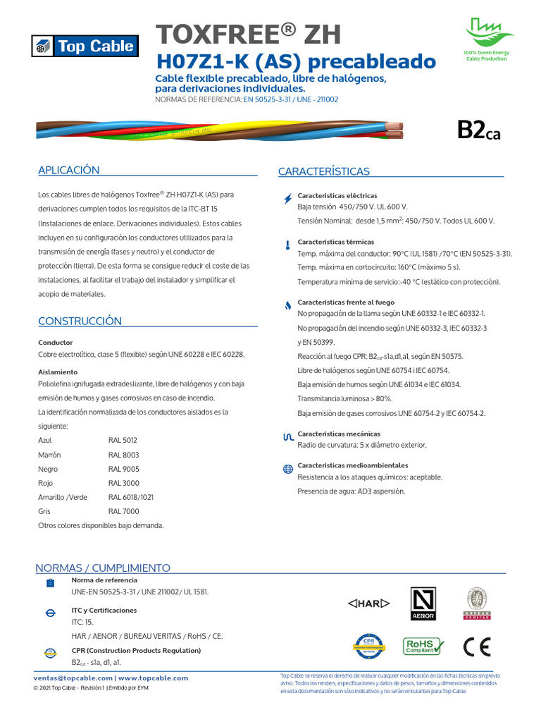 Topcable Toxfree ZH H07Z1-K (As) Precableado | PDF | Electricidad