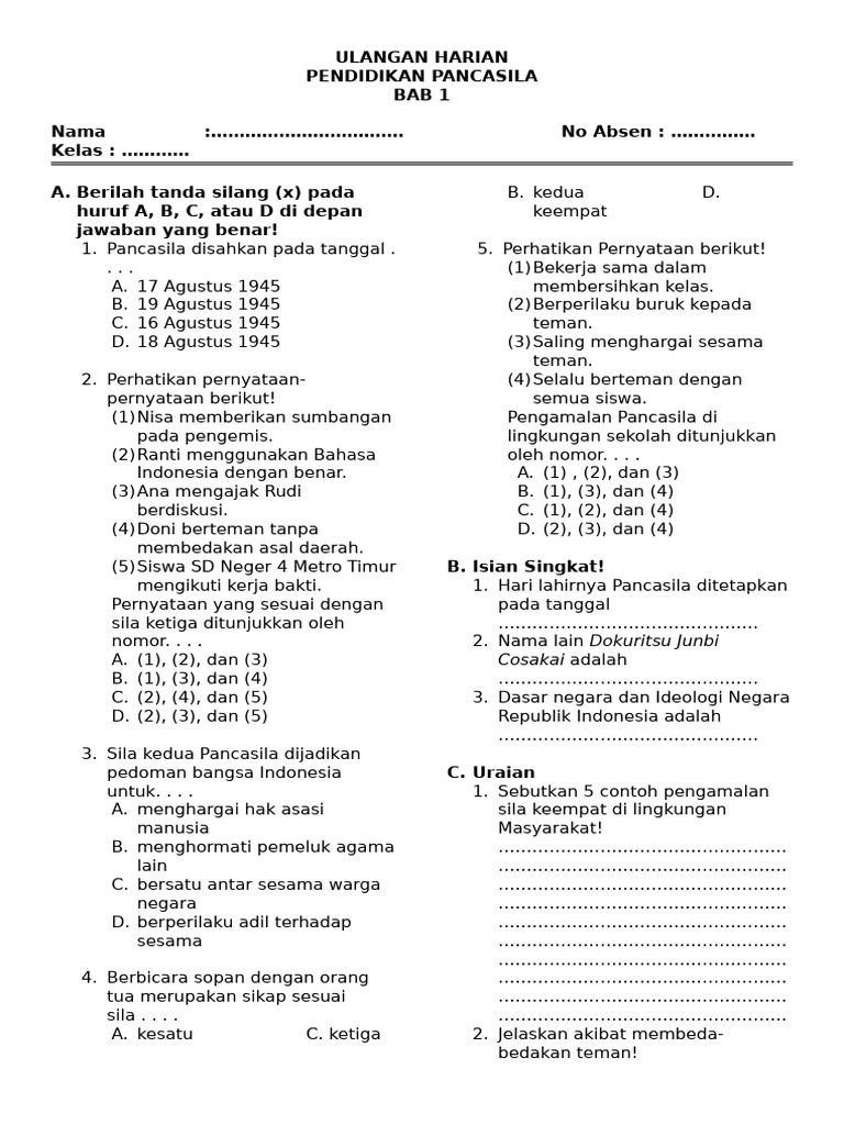 Ulangan Harian PKN Bab 1 Kelas 5 | PDF