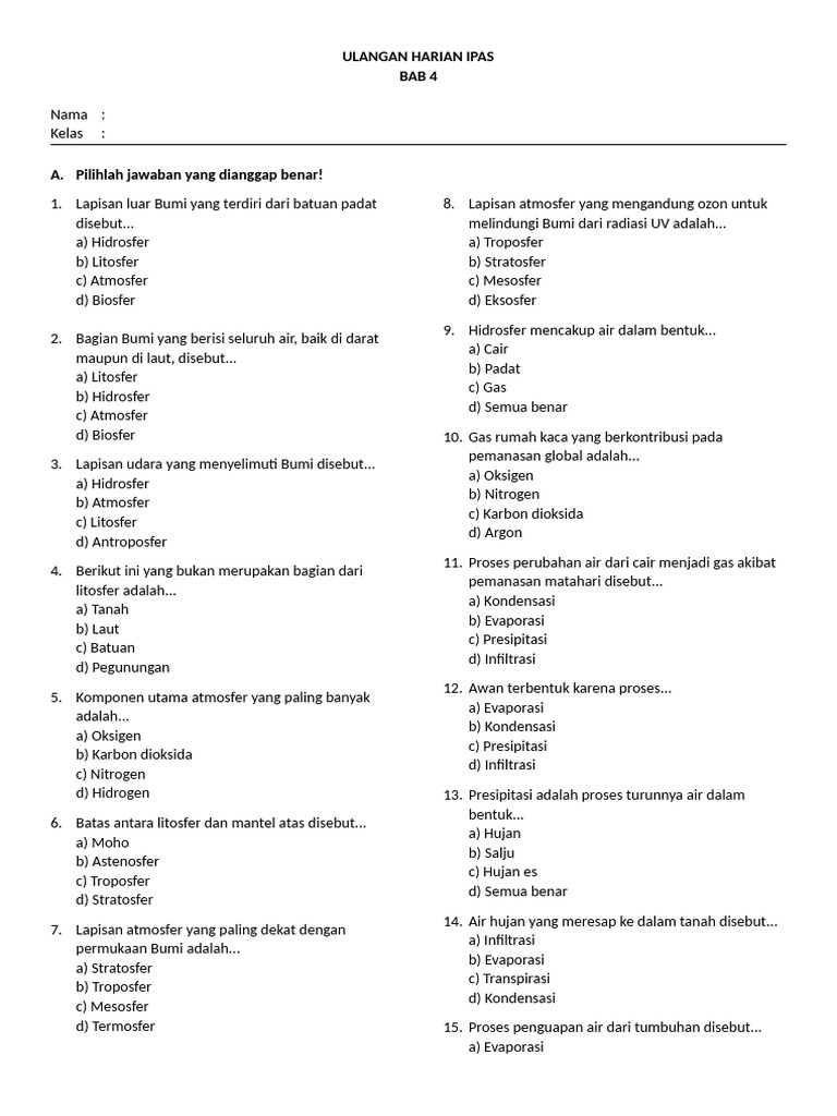 Ulangan Harian Ipas Bab 4 Kelas 5 | PDF