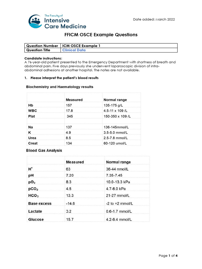 FFICM_OSCE_Example_Question_1_-_Clinical Data | PDF | Ct Scan ...