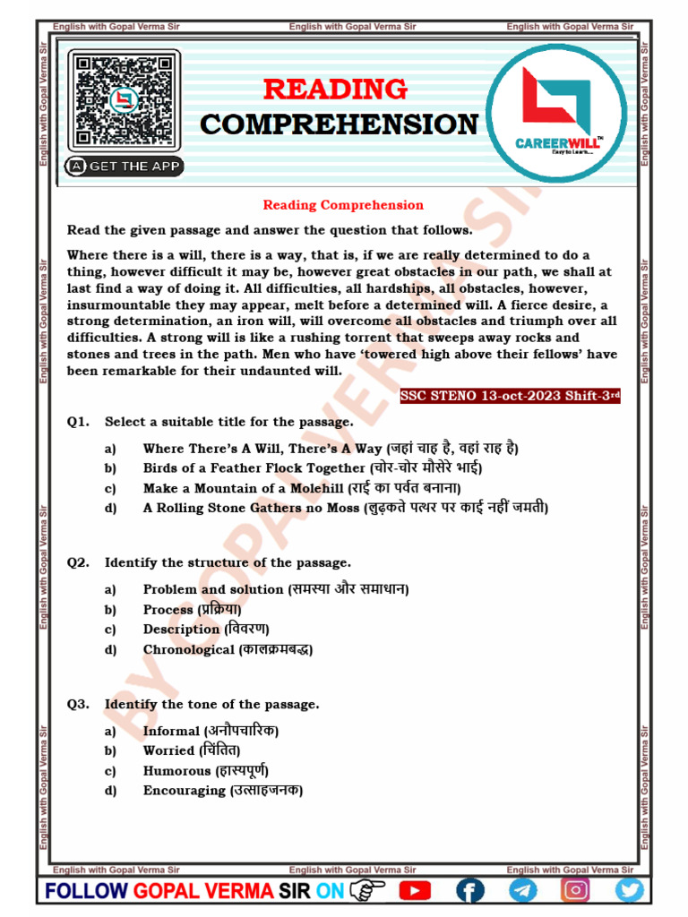 Reading Comprehension Sheet 222 | PDF