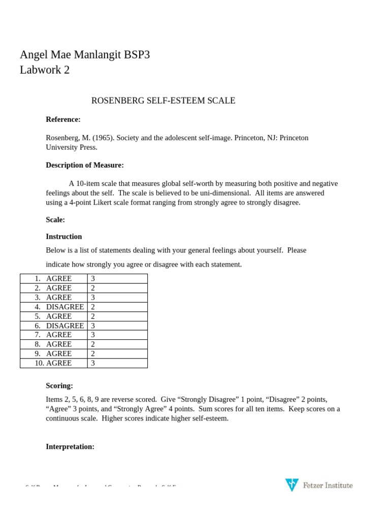Self Measures for Self-esteem Rosenberg Self-esteem+ Manlangit Angel ...