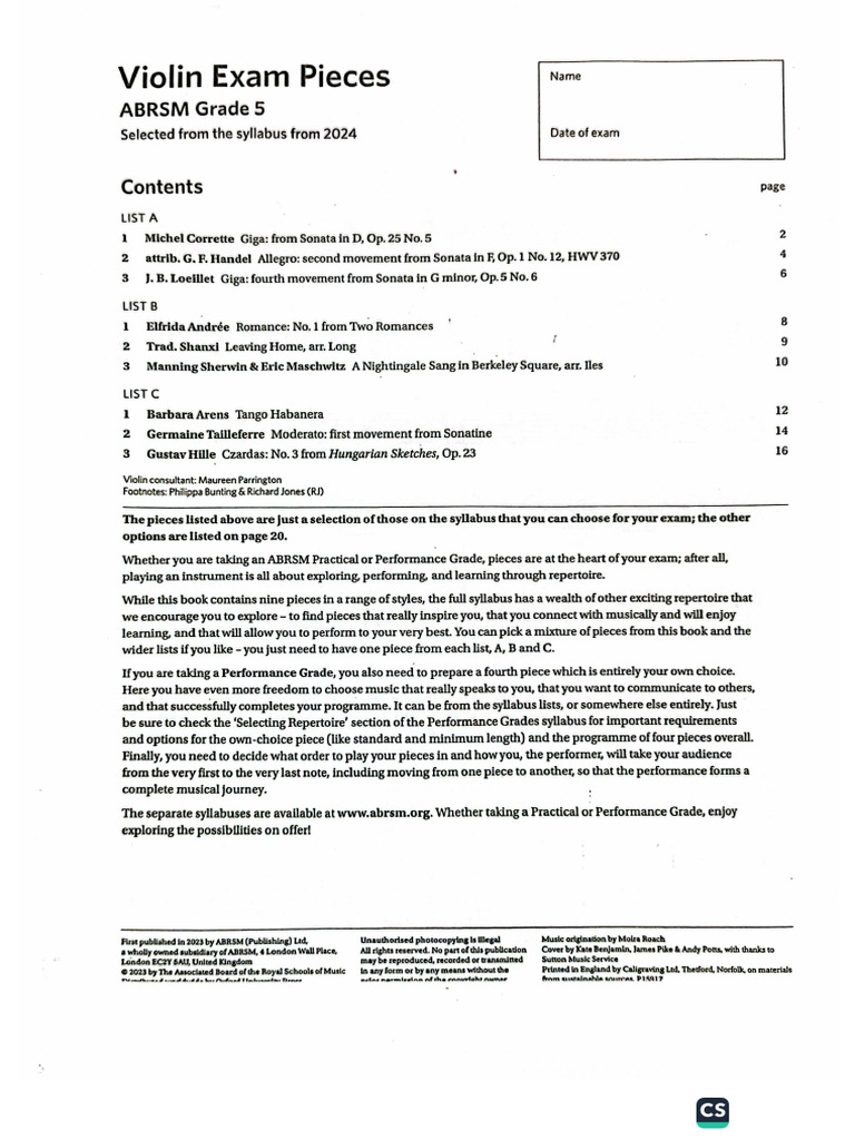 Grade 5 Violin Exam Pieces - 2024 | PDF