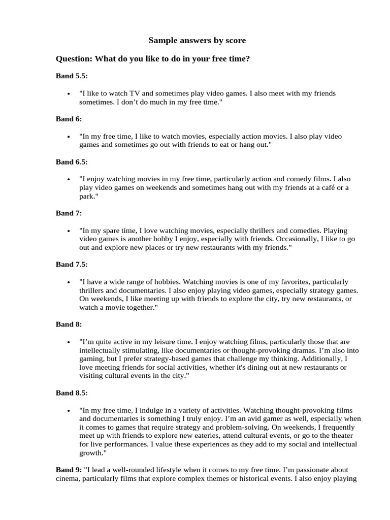 Sample Answers for Free Time Activities | PDF | Experience | Rock Music