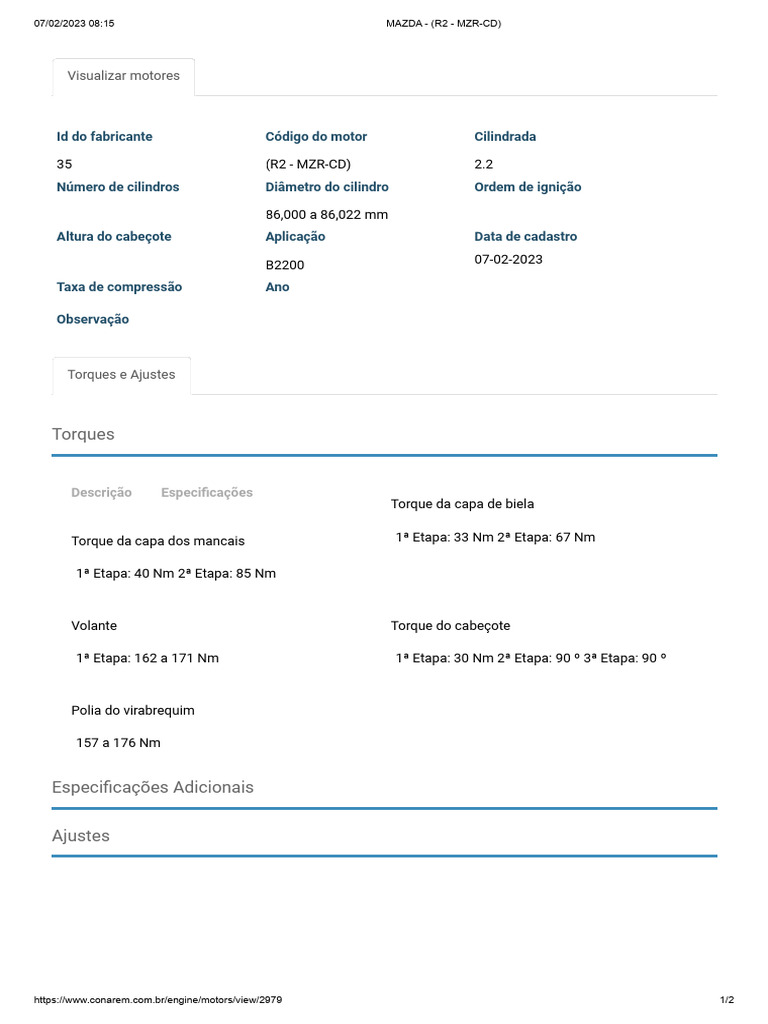 Especificações do Motor Mazda R2 MZR-CD | PDF
