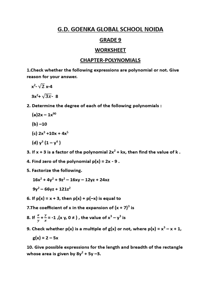 Grade 9 Polynomials Worksheet 28-11 | PDF