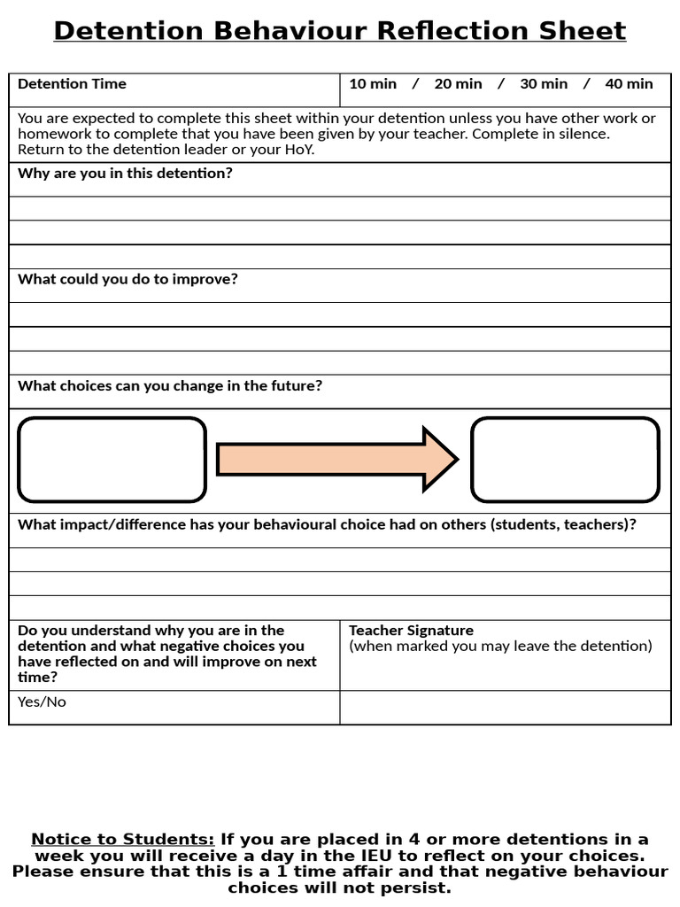 Detention Behaviour Reflection Sheet | PDF