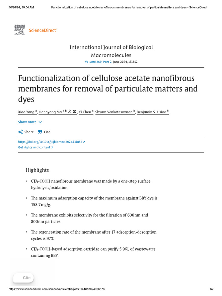 Functionalisation of Cellulose Aceate Nanofibrous Membranes For Removal ...