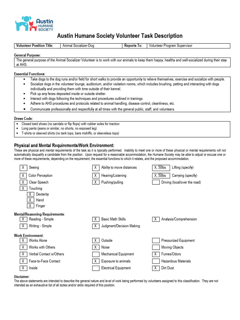 AHS Volunteer Task Description DOG | PDF | Dogs