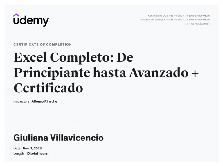 Certificado Udemy Excel | PDF