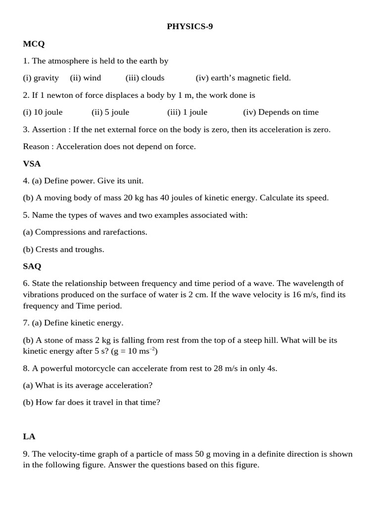 9th Class Physics SA1 Question Paper 2025 | PDF | Force | Waves
