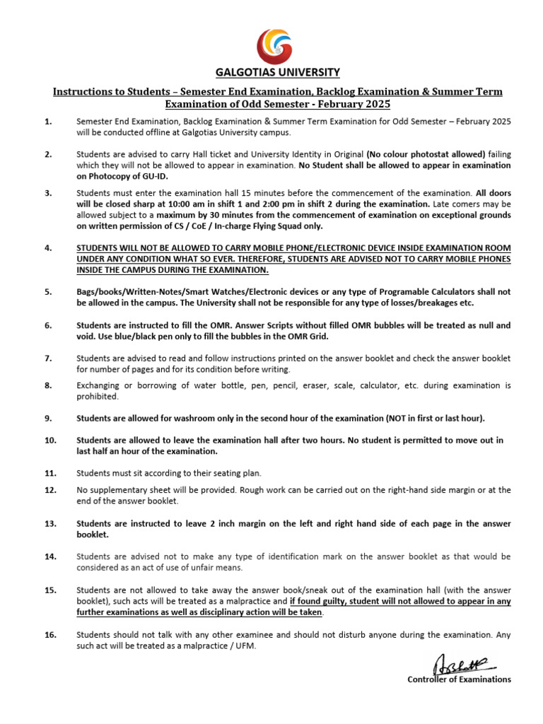 Exam Instructions for Galgotias University | PDF