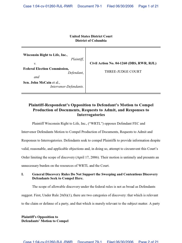 Opposition To Motion To Compel | PDF | Discovery (Law) | First ...