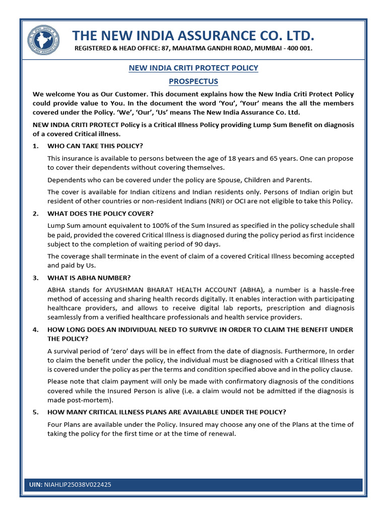 New India Criti Protect Policy Overview | PDF | Insurance | Medical ...