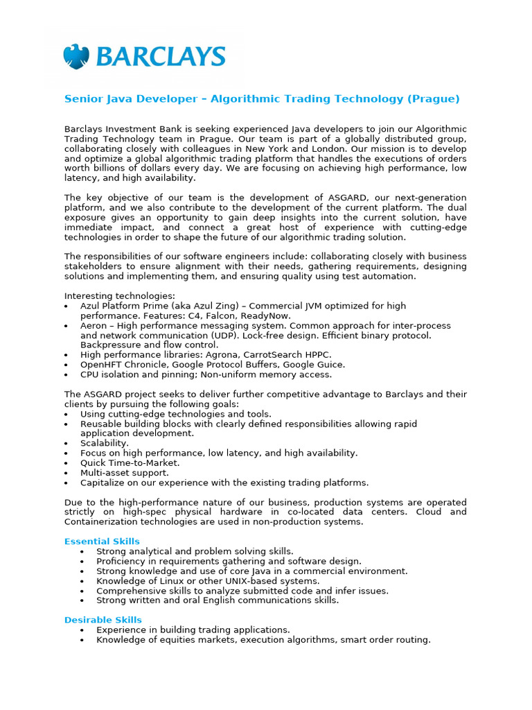 Java Engineer Barclays Prague | PDF | Java (Programming Language ...