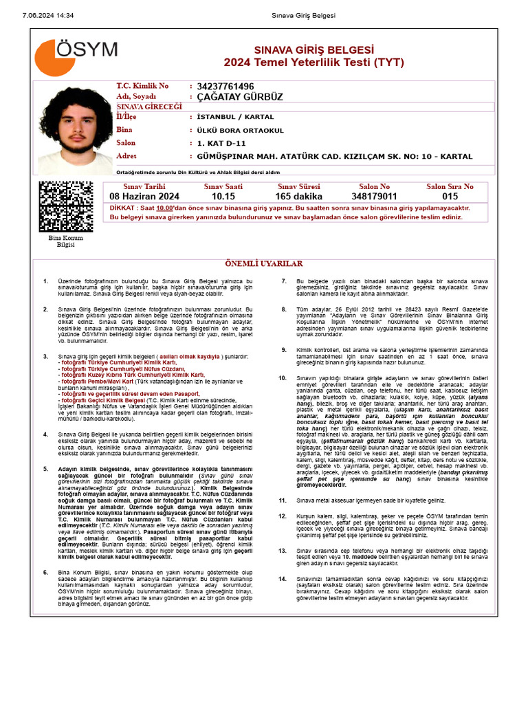 Sınava Giriş Belgesi Tyt | PDF