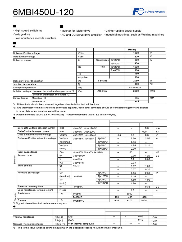 6MBI450U 120 Fuji IGBT Module - DataSheet | PDF | Computer Engineering | Electric Power