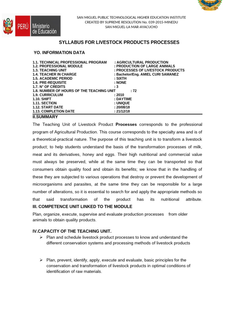 Livestock Product Processes Syllabus | PDF | Meat | Livestock