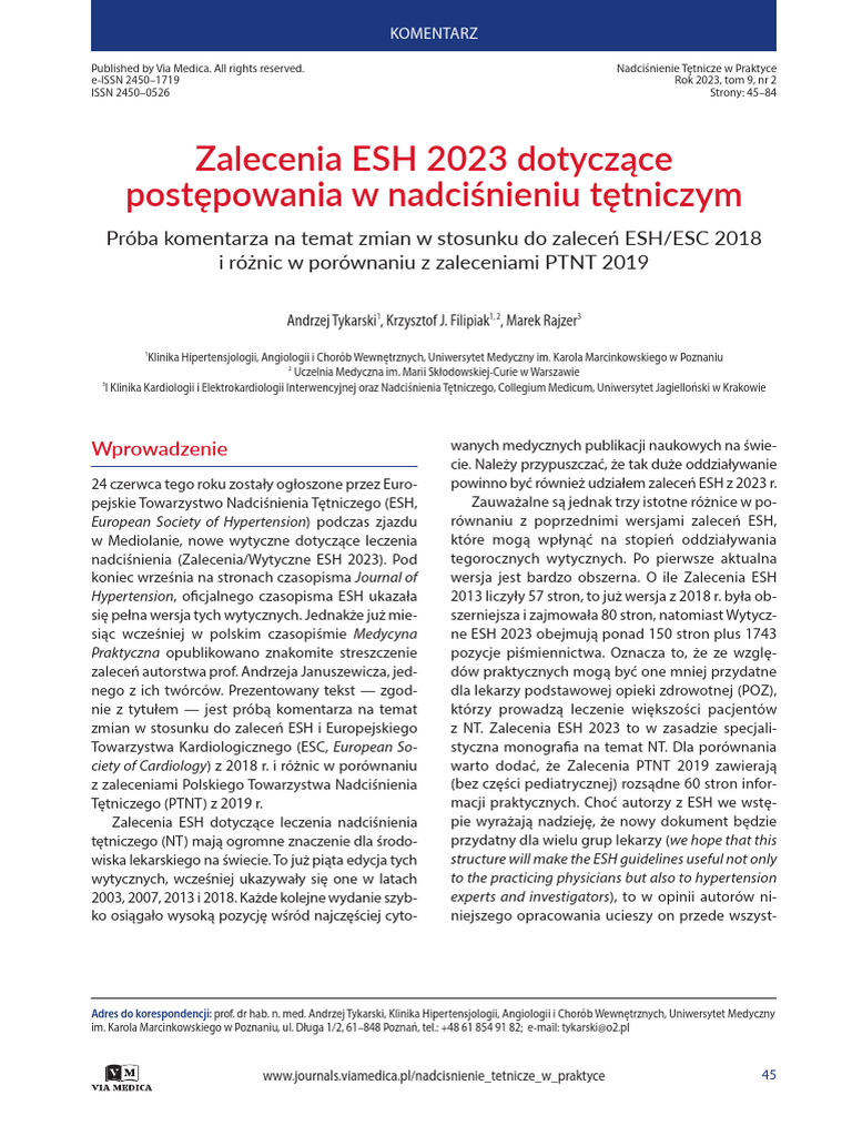 Nadciśnienie tętnicze ESH 2023 | PDF