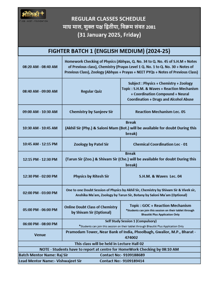 Regular Classes Schedule Fighter Batch 1 (31-01-2025) | PDF | Natural ...