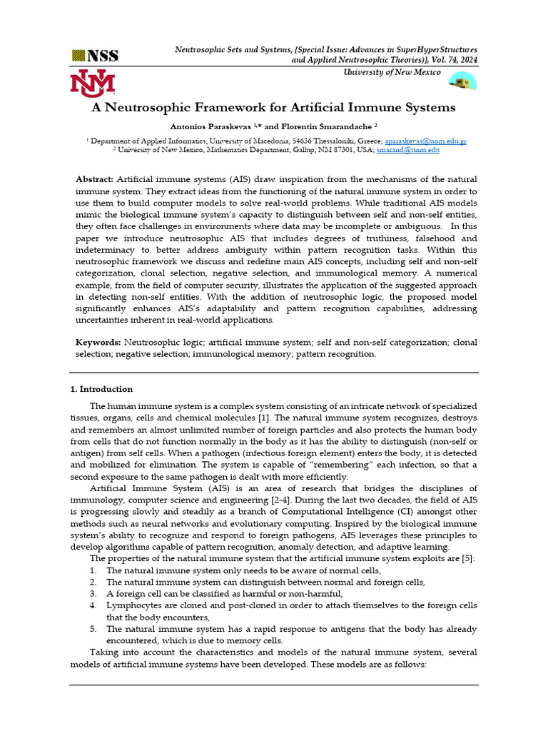 A Neutrosophic Framework For Artificial Immune Systems | PDF | Immune System | Artificial ...