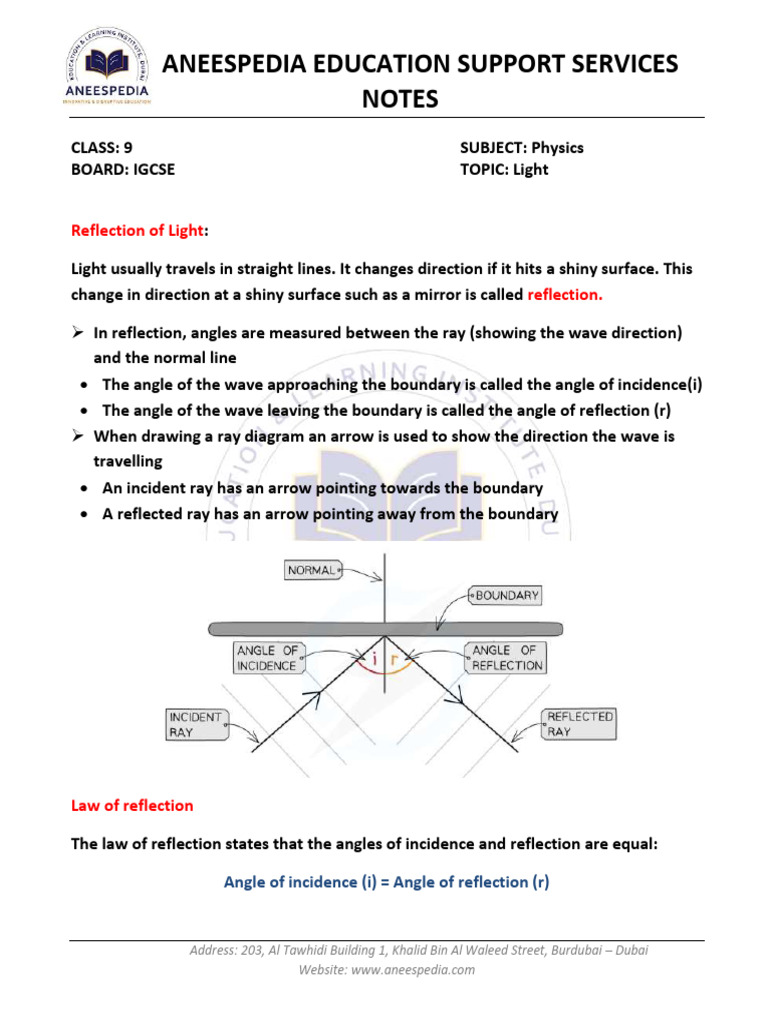 Igcse Physics Light Reflection And Refraction Pdf Refraction Refractive Index