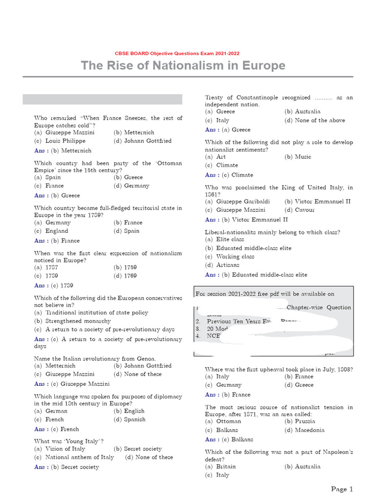 The Rise of Nationalism in Europe MCQs | PDF | Nationalism | Reason