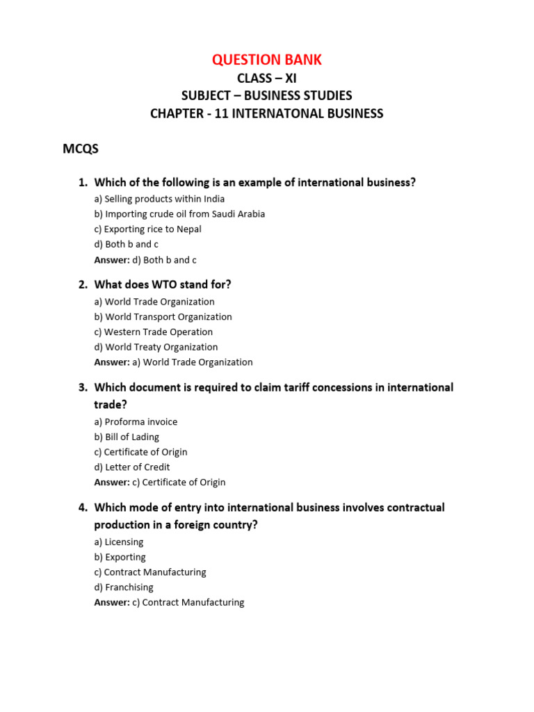 Class - 11 BST Ch-11 Question Bank | PDF | Exports | World Trade Organization