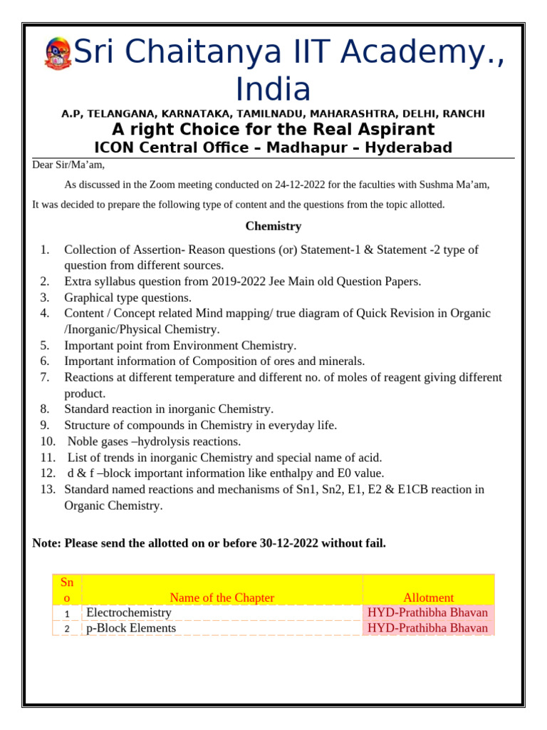 Reg. Allotment of Chemistry Content and Questions As Discussed in Meeting - HYD-Prathibha Bhavan ...