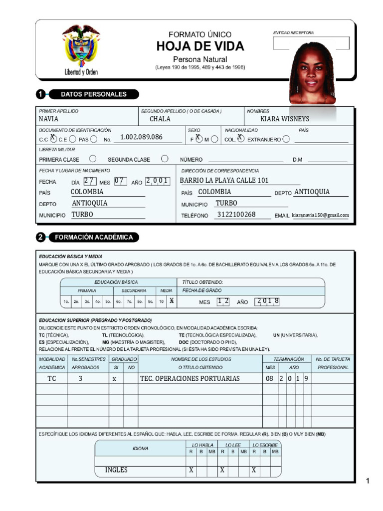 Hoja De Vida Formato Unico Kiara Navier Chala Pdf