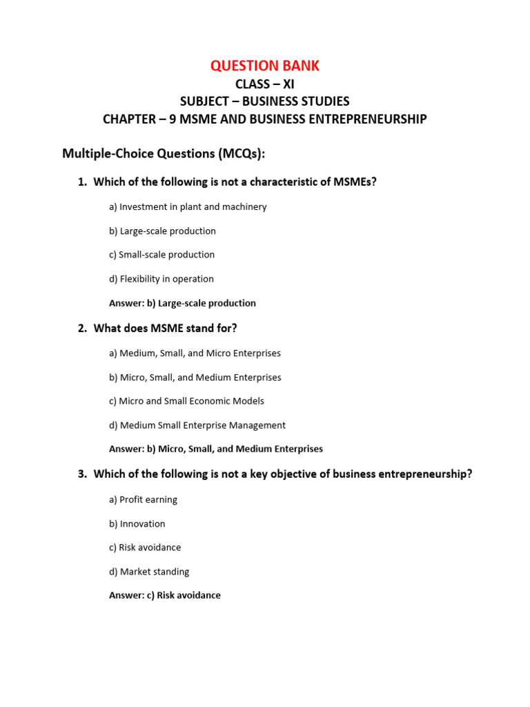 Class - 11 BST Ch-9 Question Bank | PDF | Entrepreneurship | Small And ...