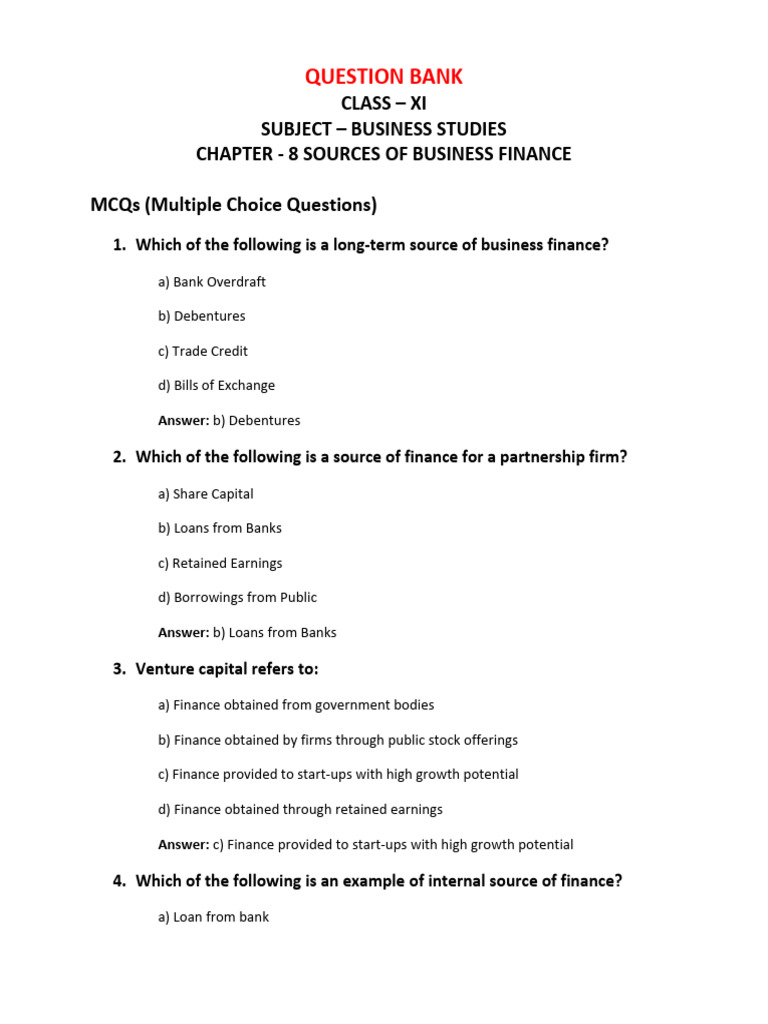 Class - 11 BST Ch-8 Question Bank | PDF | Equity (Finance) | Debt