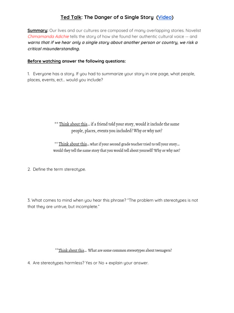 Ted Talk - The Danger of A Single Story | PDF